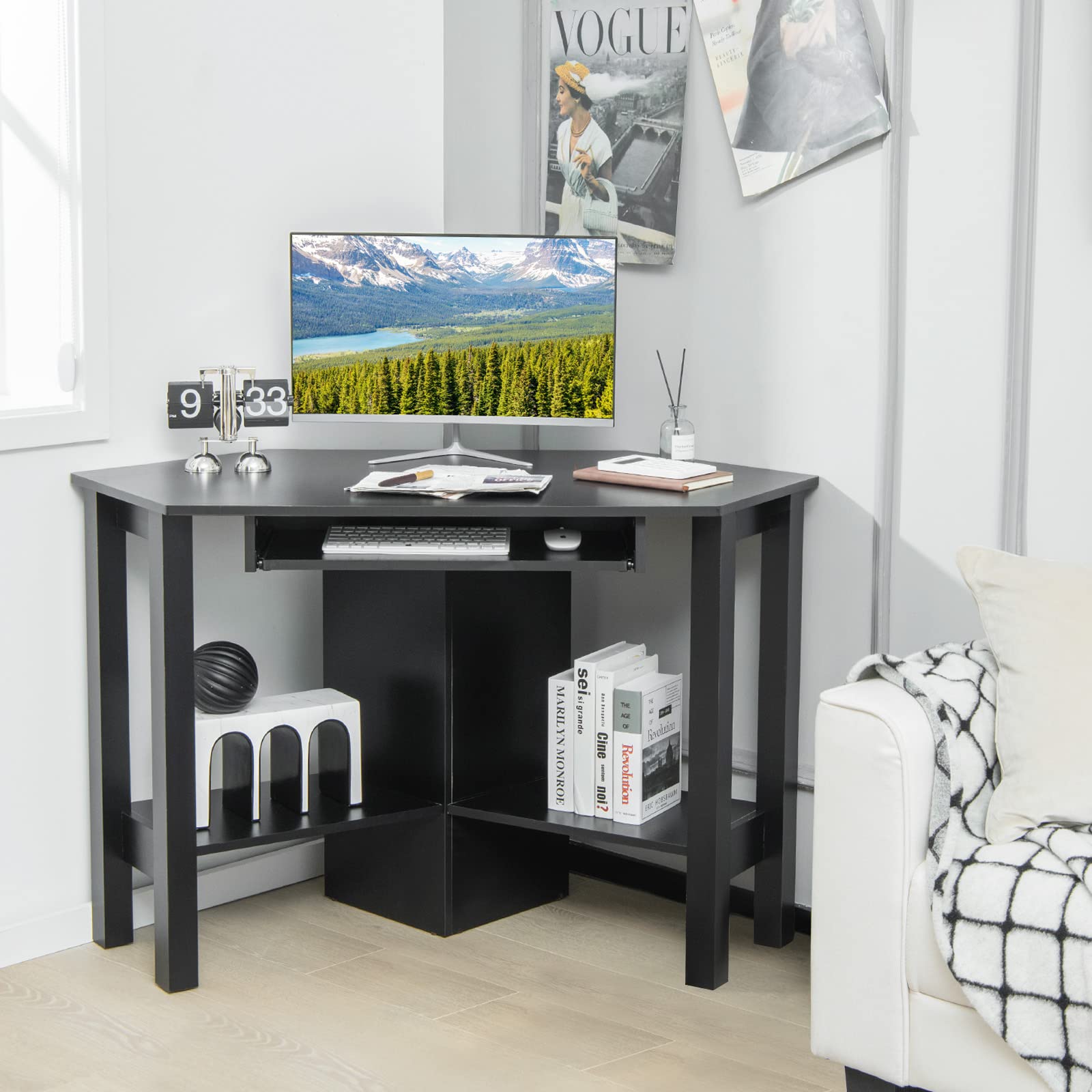 Tangkula Corner Desk with Keyboard Tray, Triangle Corner Computer Desk for Small Space, Bedroom Corner Makeup Vanity Desk with Storage Shelves, Space Saving Corner Writing Desk