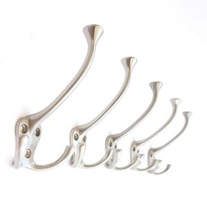 ambipolar 5 pack trileg hook, heavy duty big triple leg/double coat hooks base. entryway coat hooks, scarf and jacket hangers.perfect bath towel heavy hooks (5 pack, satin nickel)