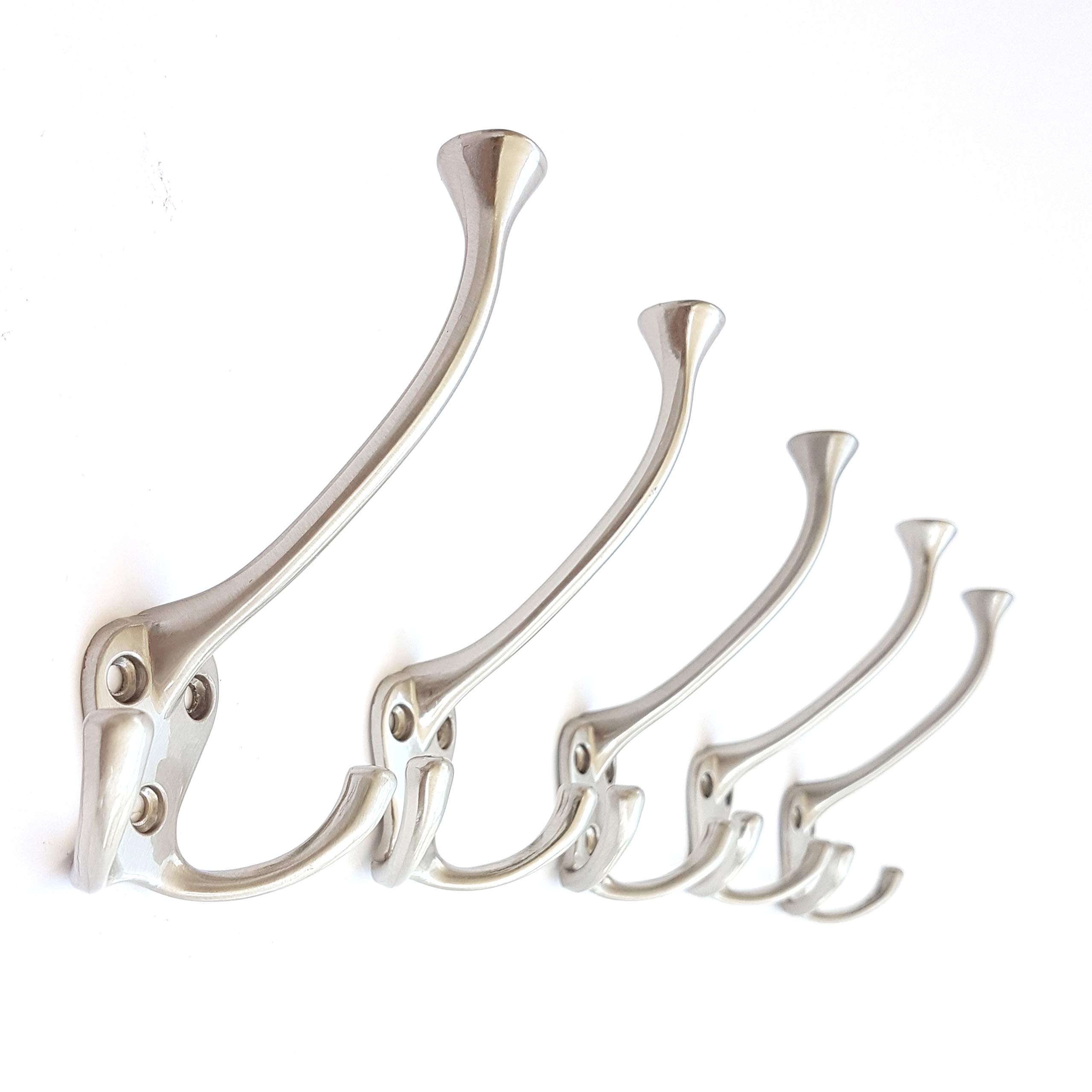 Ambipolar 5 Pack TriLeg Hook, Heavy Duty Big Triple Leg/Double Coat Hooks Base. Entryway Coat Hooks, Scarf and Jacket Hangers.Perfect Bath Towel Heavy Hooks (5 Pack, Satin Nickel)