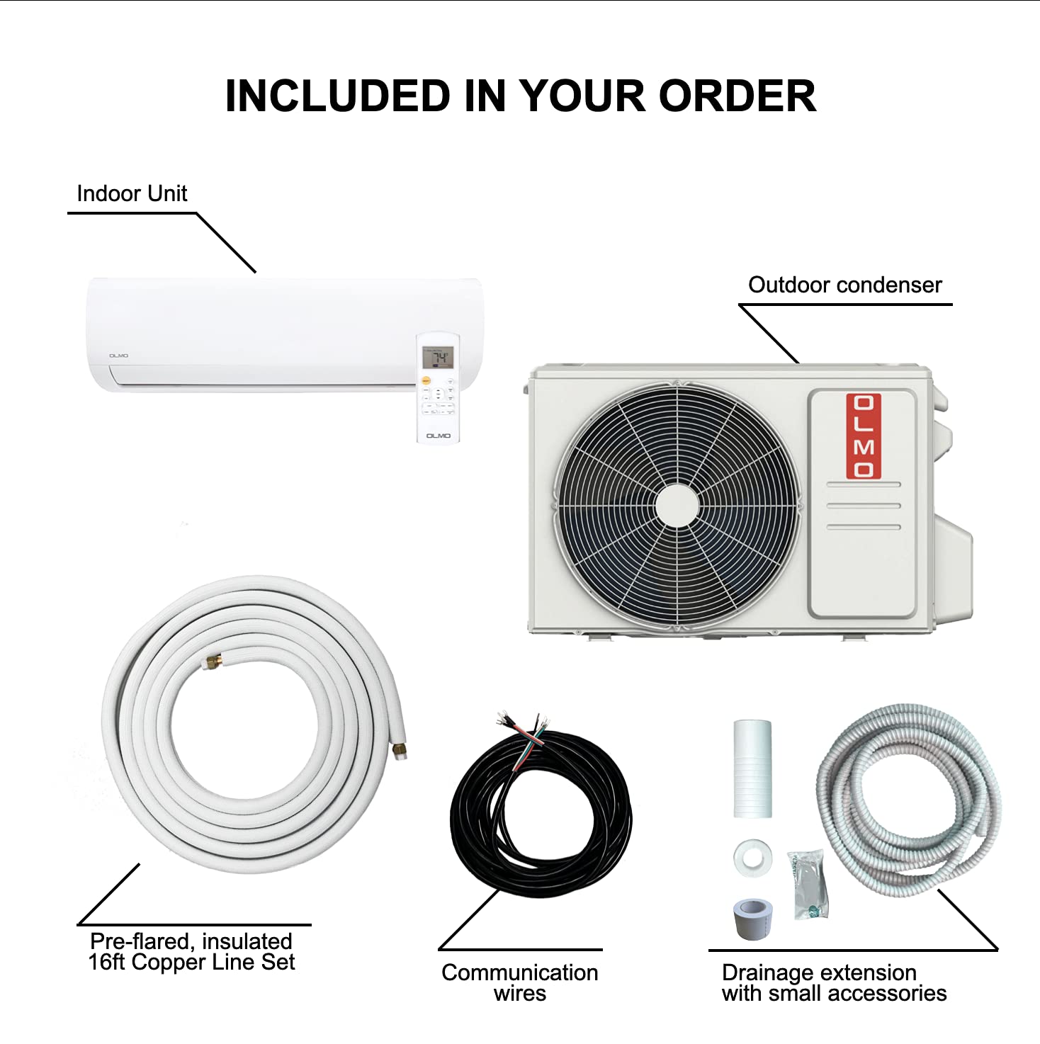 OLMO Alpic 24000 BTU Ductless Mini Split Air Conditioner Heating and Cooling Full Set with 16ft Installation Kit