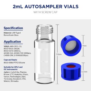 2mL Autosampler Vials with Writing Area and Graduations, 9-425 HPLC, Screw Cap, White PTFE & Red Silicone Septa, 100 Pcs