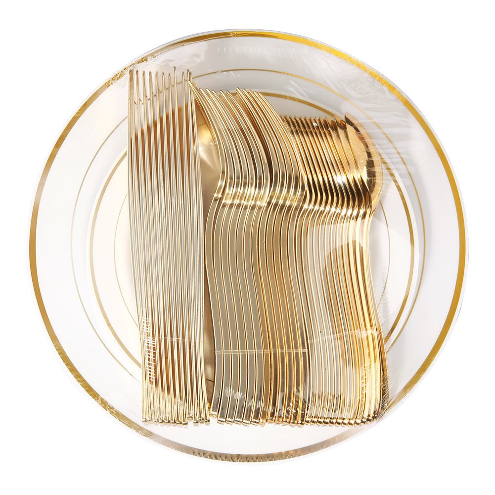 supernal 60pcs Gold Plastic Dinnerware,Gold Plastic Plates with Gold Plastic Silverware,Gold Plastic Party Plates,Gold Plastic Cutlery Service for 12 Guests,Perfect for Thanksgiving,Christmas,Party