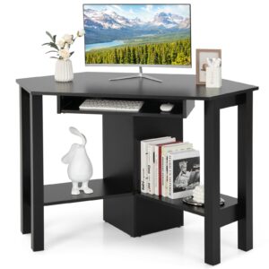 tangkula corner desk with keyboard tray, triangle corner computer desk for small space, bedroom corner makeup vanity desk with storage shelves, space saving corner writing desk