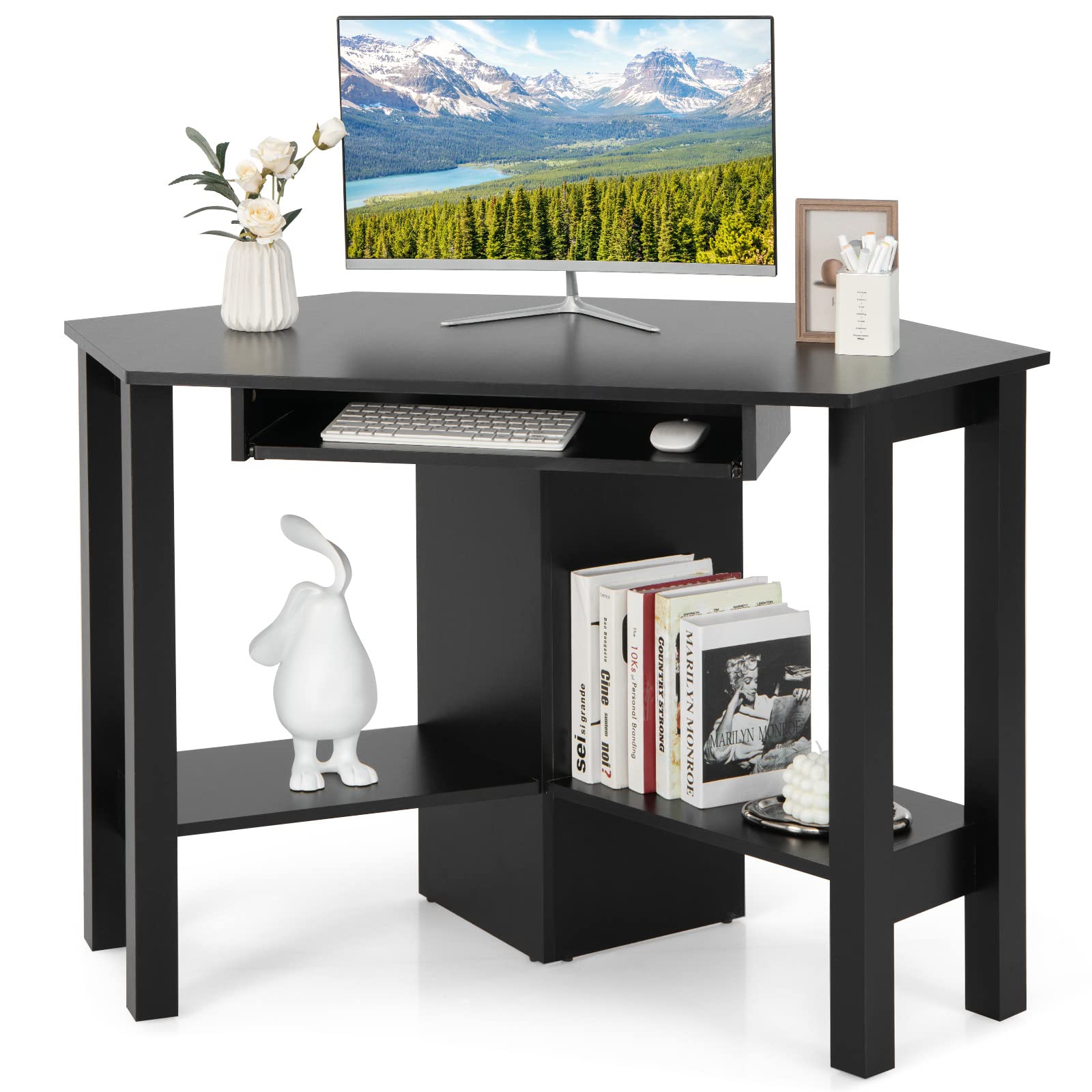 Tangkula Corner Desk with Keyboard Tray, Triangle Corner Computer Desk for Small Space, Bedroom Corner Makeup Vanity Desk with Storage Shelves, Space Saving Corner Writing Desk