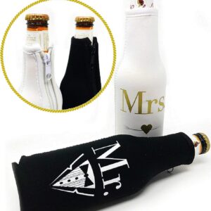 Mr. & Mrs. Beer Bottle Cooler Sleeves Black & White Gift Set 2 Pack - Perfect for Wedding, Bridal Shower, Engagement Party & So Much More.