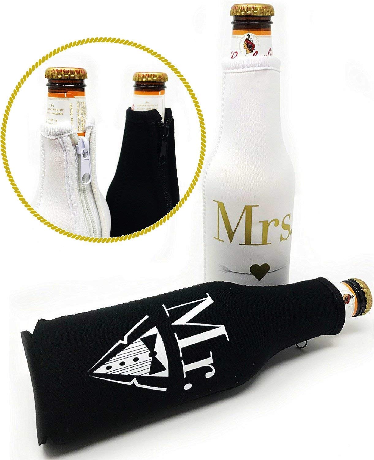 Mr. & Mrs. Beer Bottle Cooler Sleeves Black & White Gift Set 2 Pack - Perfect for Wedding, Bridal Shower, Engagement Party & So Much More.