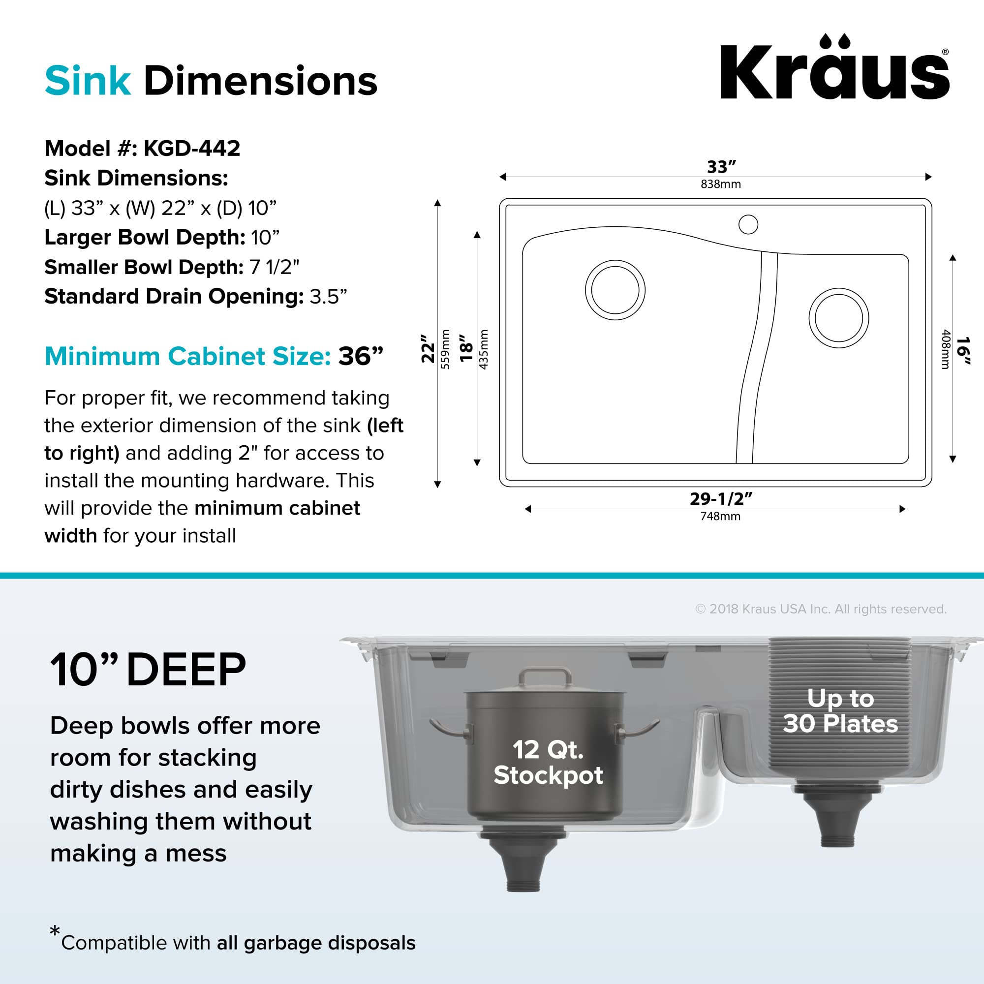 KRAUS Quarza 33-inch Drop-In/Undermount 60/40 Double Bowl Granite Kitchen Sink in White, KGD-442WHITE