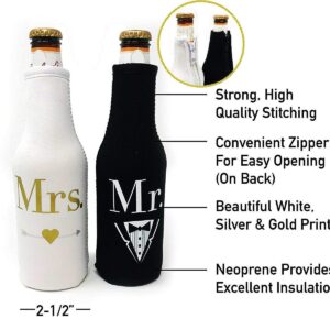 Mr. & Mrs. Beer Bottle Cooler Sleeves Black & White Gift Set 2 Pack - Perfect for Wedding, Bridal Shower, Engagement Party & So Much More.