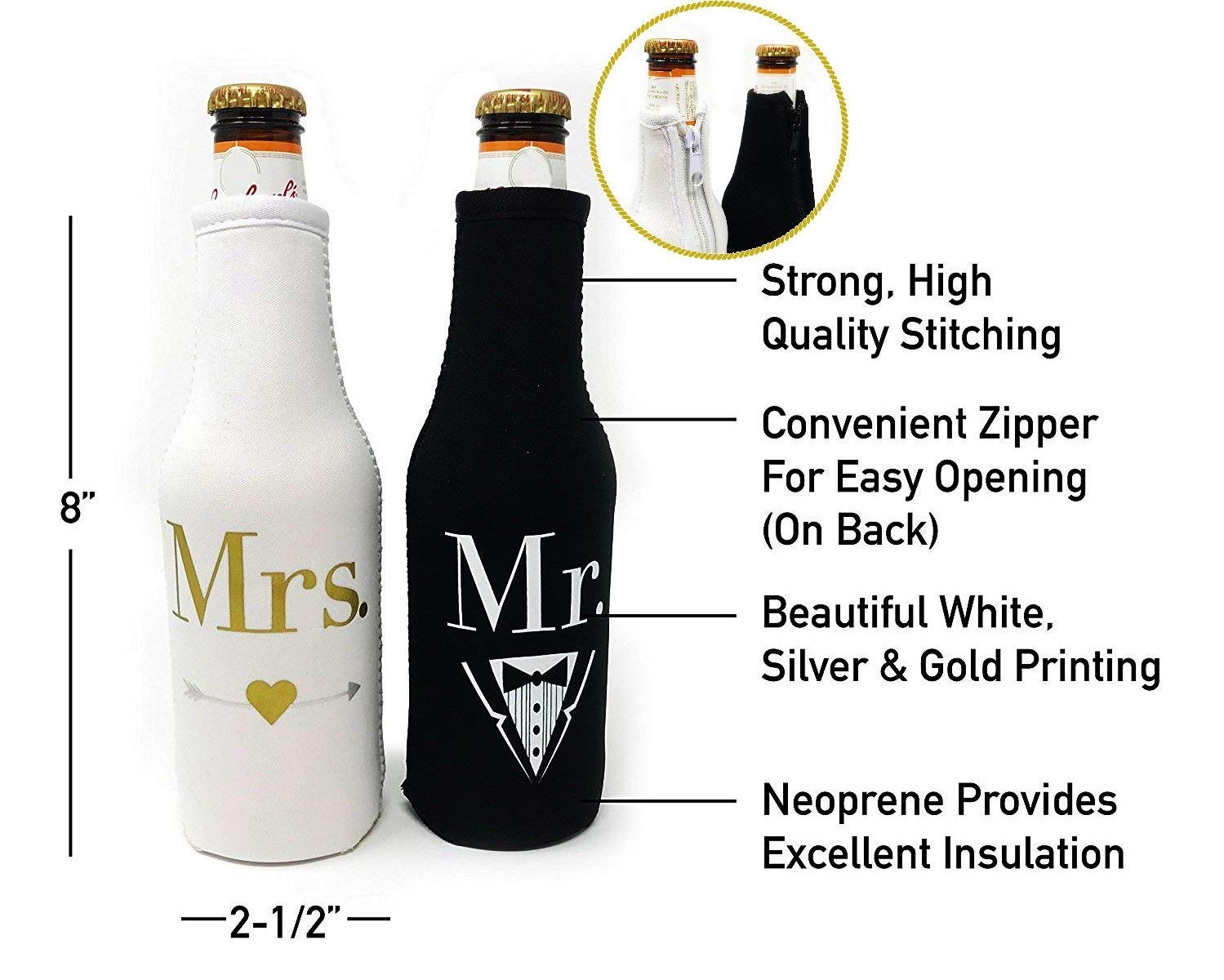 Mr. & Mrs. Beer Bottle Cooler Sleeves Black & White Gift Set 2 Pack - Perfect for Wedding, Bridal Shower, Engagement Party & So Much More.