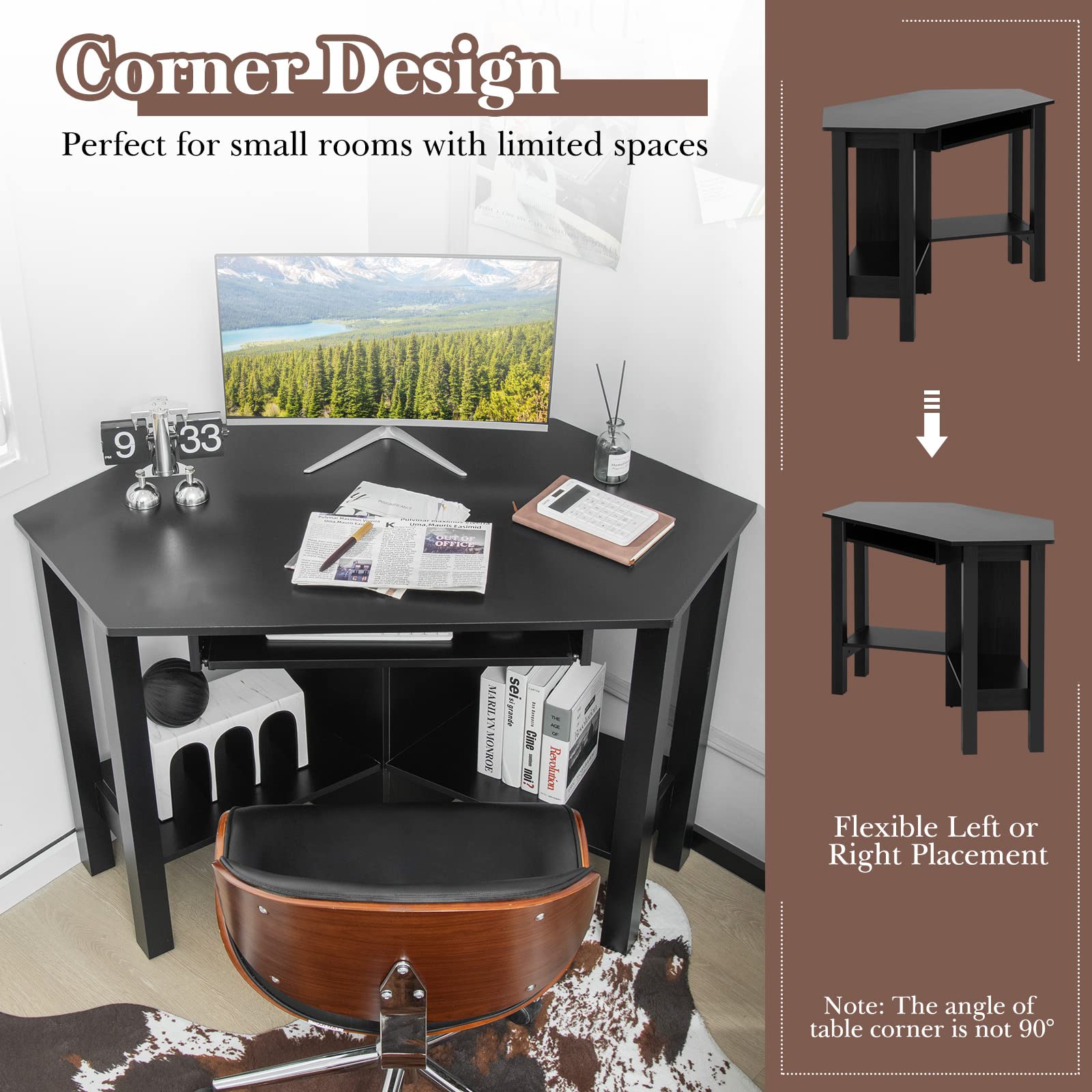 Tangkula Corner Desk with Keyboard Tray, Triangle Corner Computer Desk for Small Space, Bedroom Corner Makeup Vanity Desk with Storage Shelves, Space Saving Corner Writing Desk