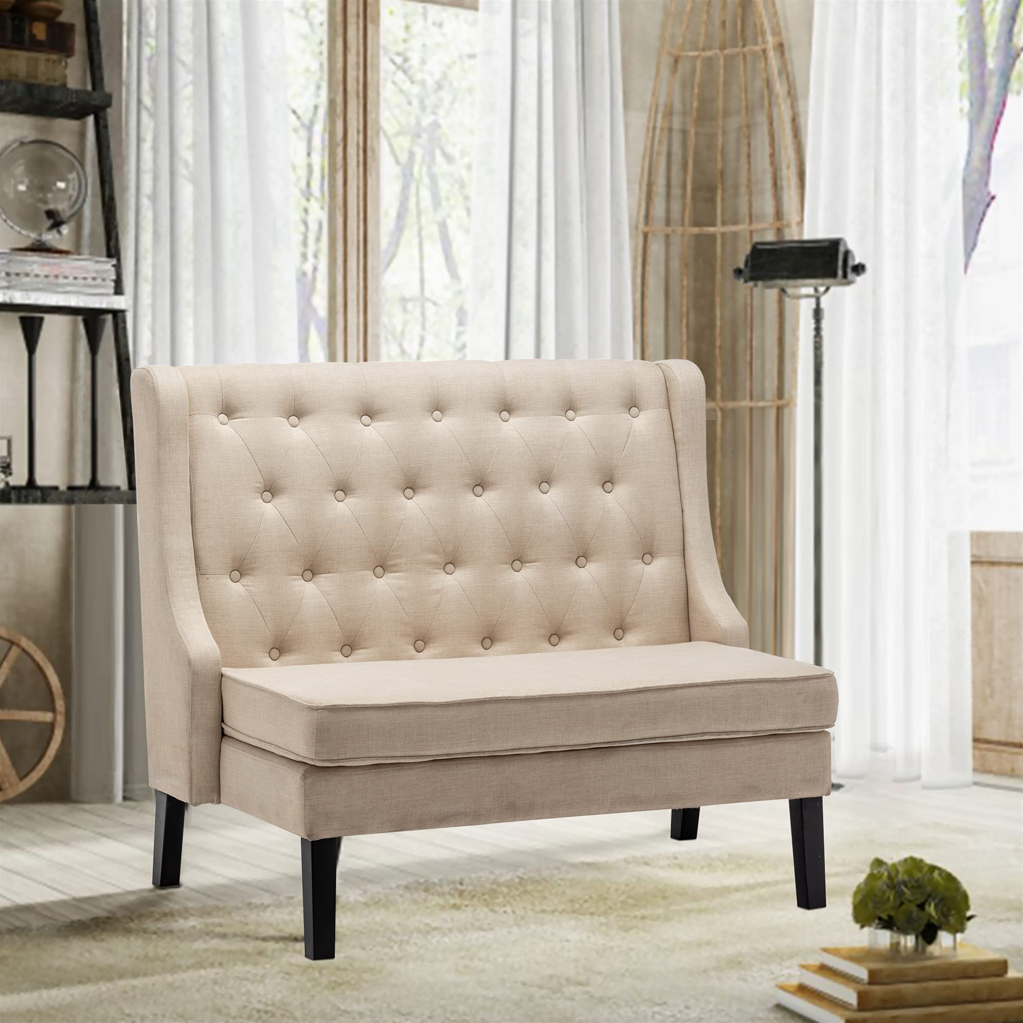 46" Small Modern Loveseat Settee Sofa Linen Fabric 2-Seat Sofa Couch Tufted Love Seat Dining Bench with Back Upholstered Banquette Sofas for Living Room Bedroom Small Space Entryway Beige