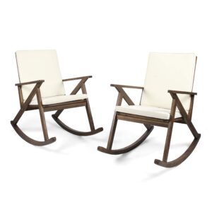 christopher knight home 304347 louise outdoor acacia wood rocking chair (set of 2), dark brown/cream cushion