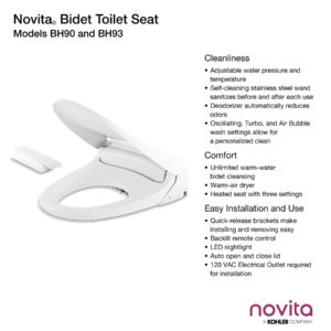 KOHLER BH93-N0 Novita Round Electric Bidet Toliet Seat, Heated Bidet Seat for Existing Toilets, Bidet Warm Water with Dryer, White