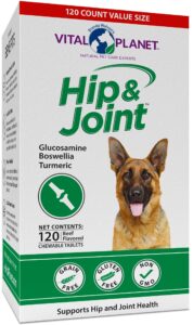 vital planet - natural hip and joint supplement for dogs - potent herbal blend with green lipped mussel, msm and glucosamine (120 chewable tabs)