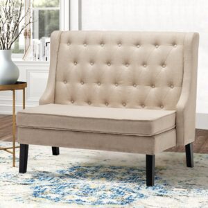 46" Small Modern Loveseat Settee Sofa Linen Fabric 2-Seat Sofa Couch Tufted Love Seat Dining Bench with Back Upholstered Banquette Sofas for Living Room Bedroom Small Space Entryway Beige