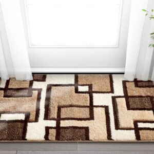 Well Woven Ruby Geometric 2x3 Mat Ivory & Beige Neutral Modern Contemporary Hand Carved Squares Design Perfect for Entryways & Small Spaces Plush Easy-Care Easy-to-Clean