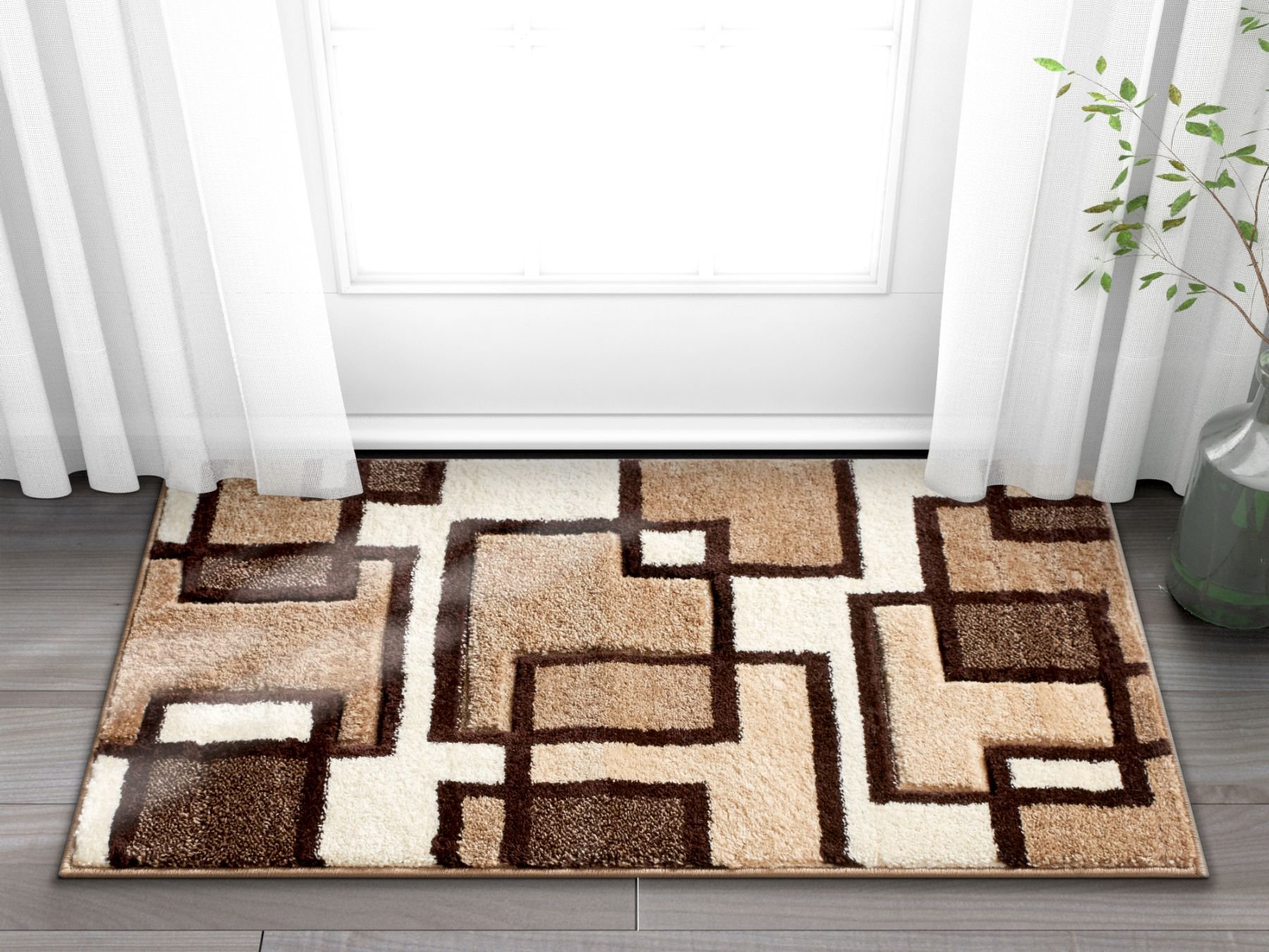 Well Woven Ruby Geometric 2x3 Mat Ivory & Beige Neutral Modern Contemporary Hand Carved Squares Design Perfect for Entryways & Small Spaces Plush Easy-Care Easy-to-Clean