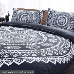 DasyFly 3 Piece Bohemian Duvet Cover Sets Queen Size Mandala Elephant Boho Chic Bedding Duvet Cover Sets for Aducts Boys Girls Black White