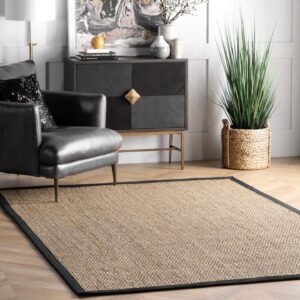 nuloom 8 square elijah seagrass area rug, black, solid farmhouse style, cotton bordered, basketweave, natural fiber, for bedroom, dining room, living room, hallway, office, kitchen, entryway