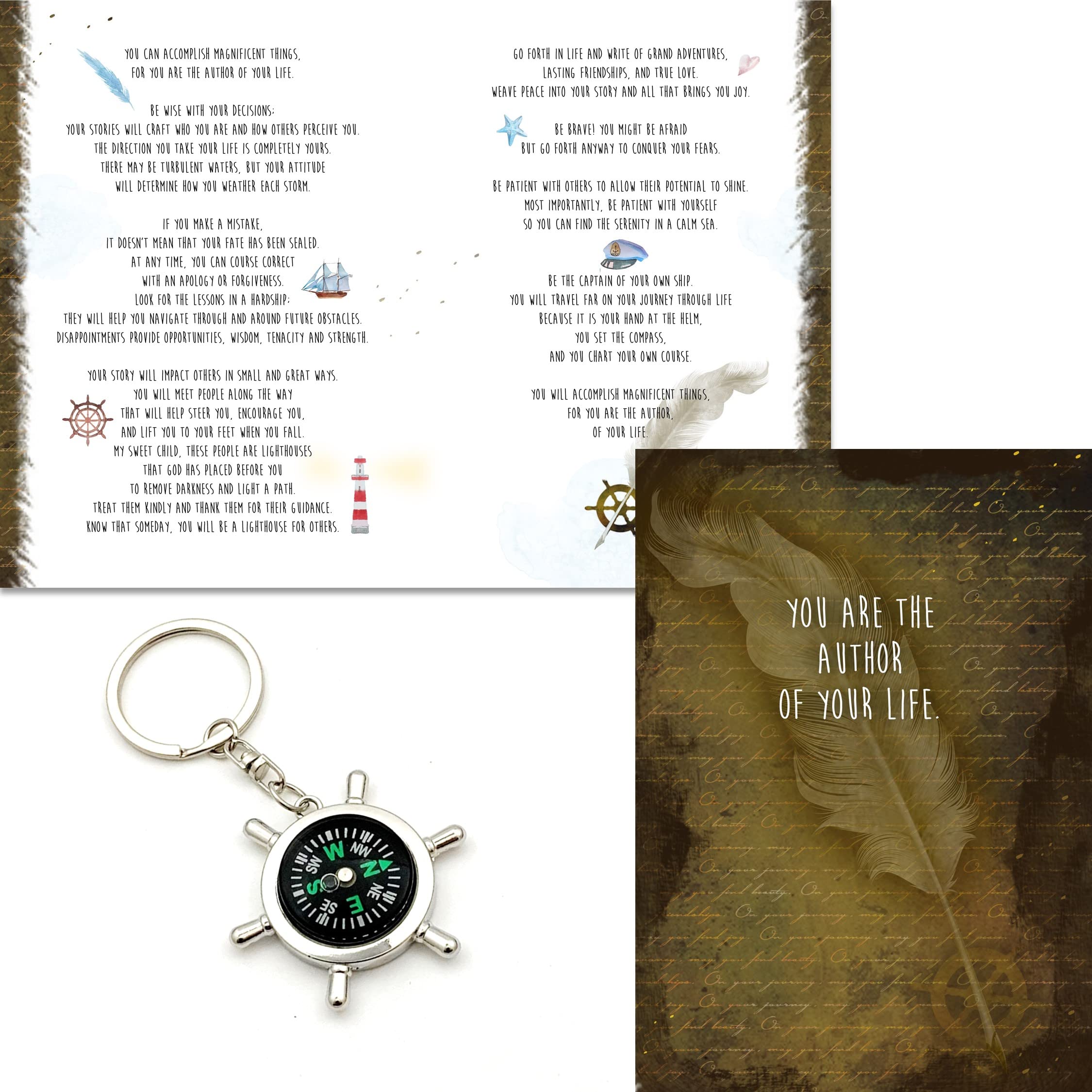 Smiling Wisdom - Old World - You Are The Author of Your Life Greeting Card and Fashion Helm Keychain Gift Set - Graduation Advice for Your Journey in Love, Friendships, and Life - Brown - Helm KC