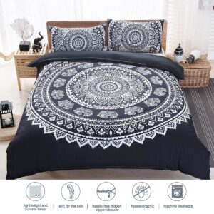 DasyFly 3 Piece Bohemian Duvet Cover Sets Queen Size Mandala Elephant Boho Chic Bedding Duvet Cover Sets for Aducts Boys Girls Black White