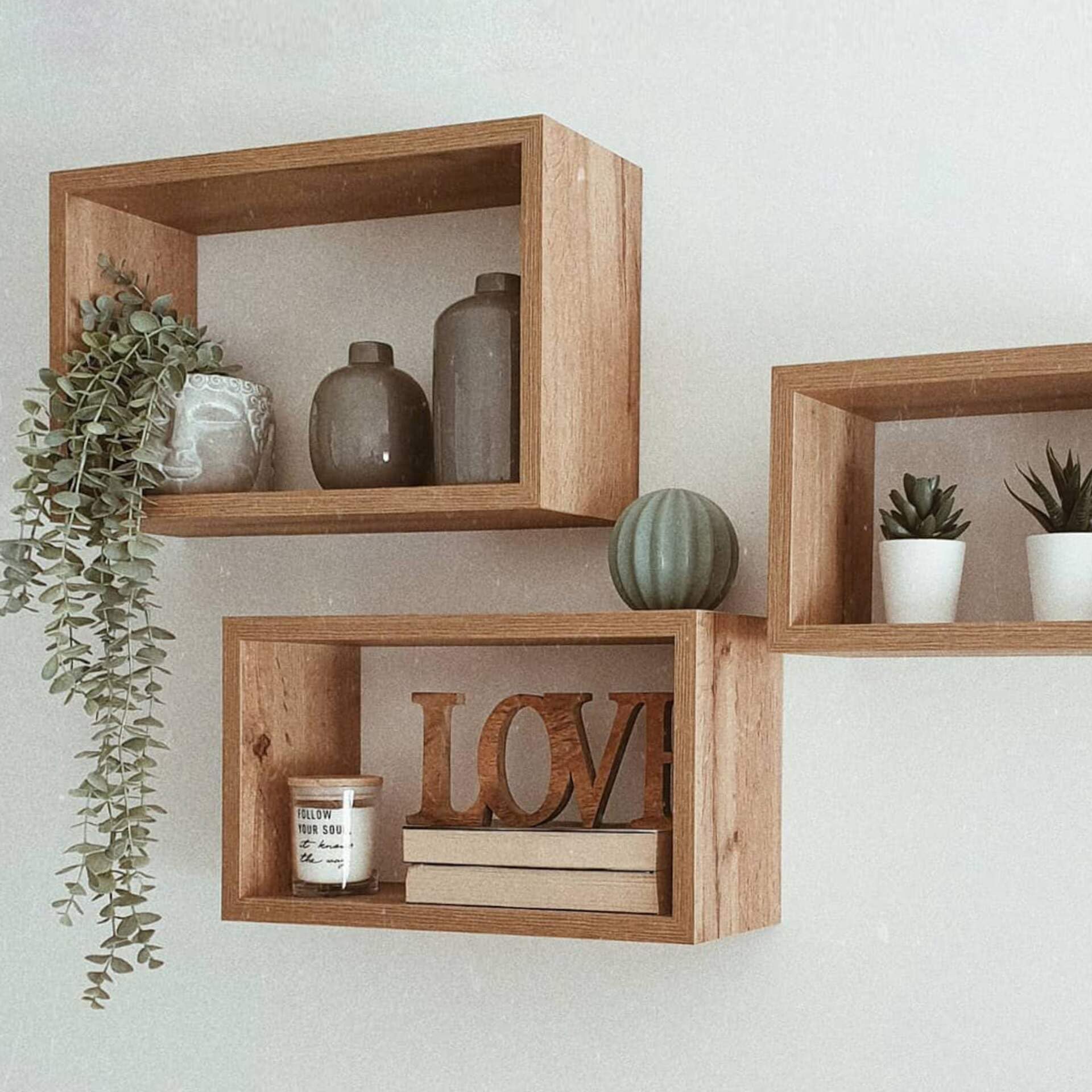 Mobili Fiver, Set of 3 Rectangular Cube Shelves, Giuditta, Rustic Oak, Laminate-Finished, Wall Mount Shelves for Kitchen and Living Room, Italian Furniture