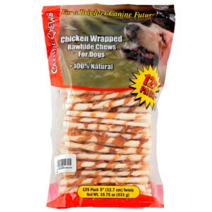 canine chews 5" chicken twist sticks - pack of 125 u.s.a. sourced chicken wrapped rawhide dog treats - grain-free & all-natural chicken sticks for dogs - protein-dense chicken wrapped dog treats