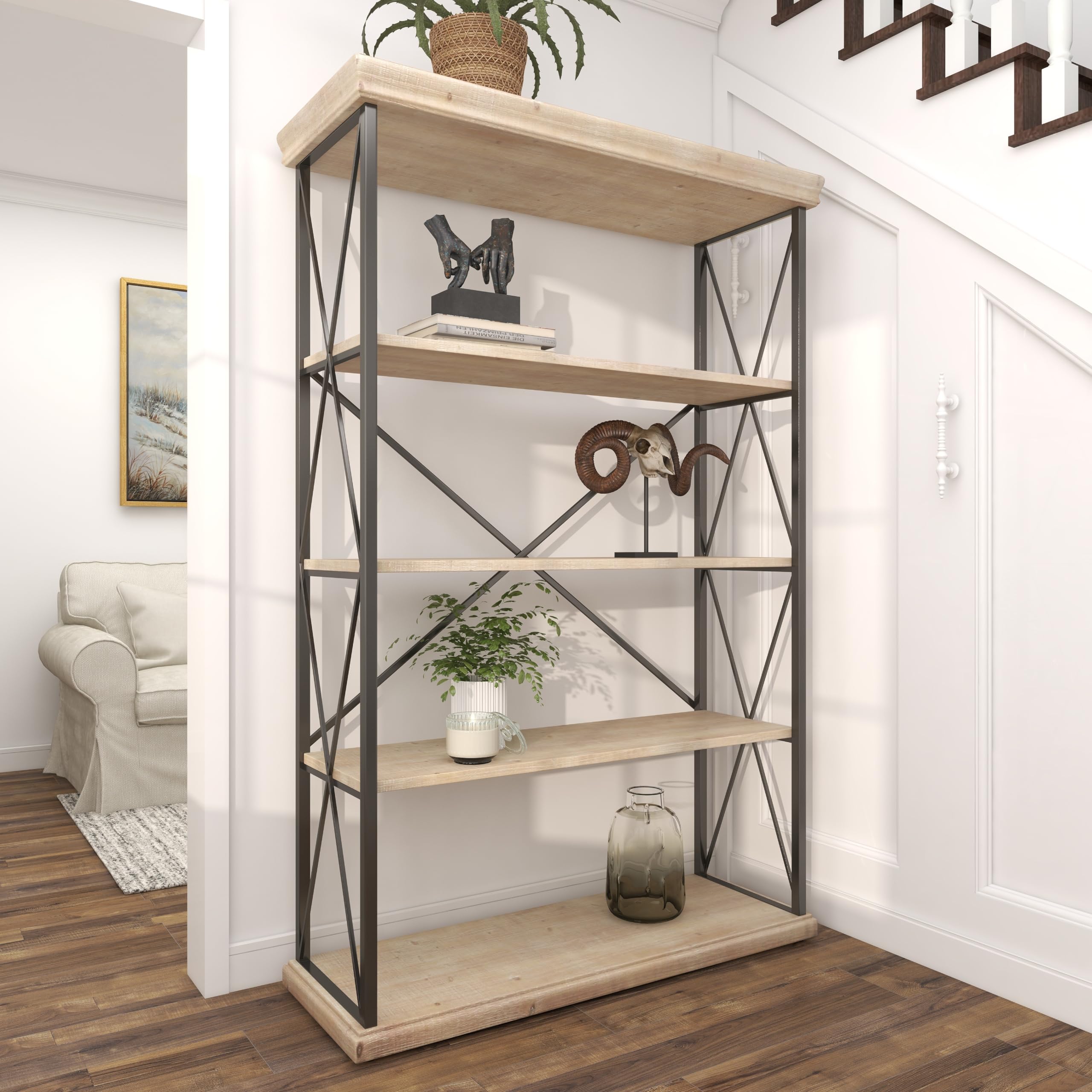 Deco 79 Wood Shelving Unit 5 Shelf with Gray Metal X-Frame, 48" x 17" x 72", Brown