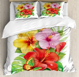 ambesonne hawaiian duvet cover set, bouquet of colorful hibiscus flowers a butterfly blooming plumeria petals, decorative 3 piece bedding set with 2 pillow shams, queen size, pink yellow