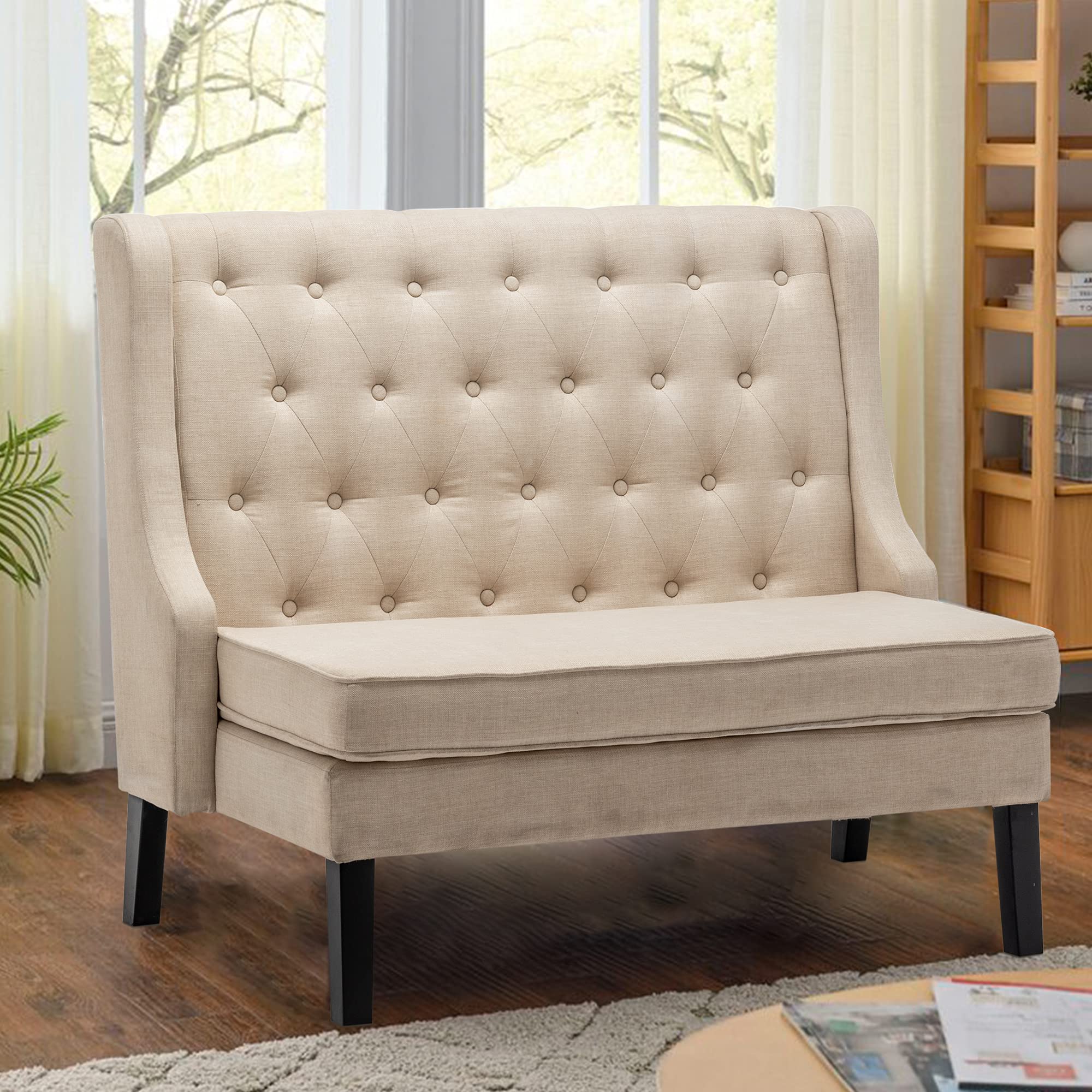 46" Small Modern Loveseat Settee Sofa Linen Fabric 2-Seat Sofa Couch Tufted Love Seat Dining Bench with Back Upholstered Banquette Sofas for Living Room Bedroom Small Space Entryway Beige