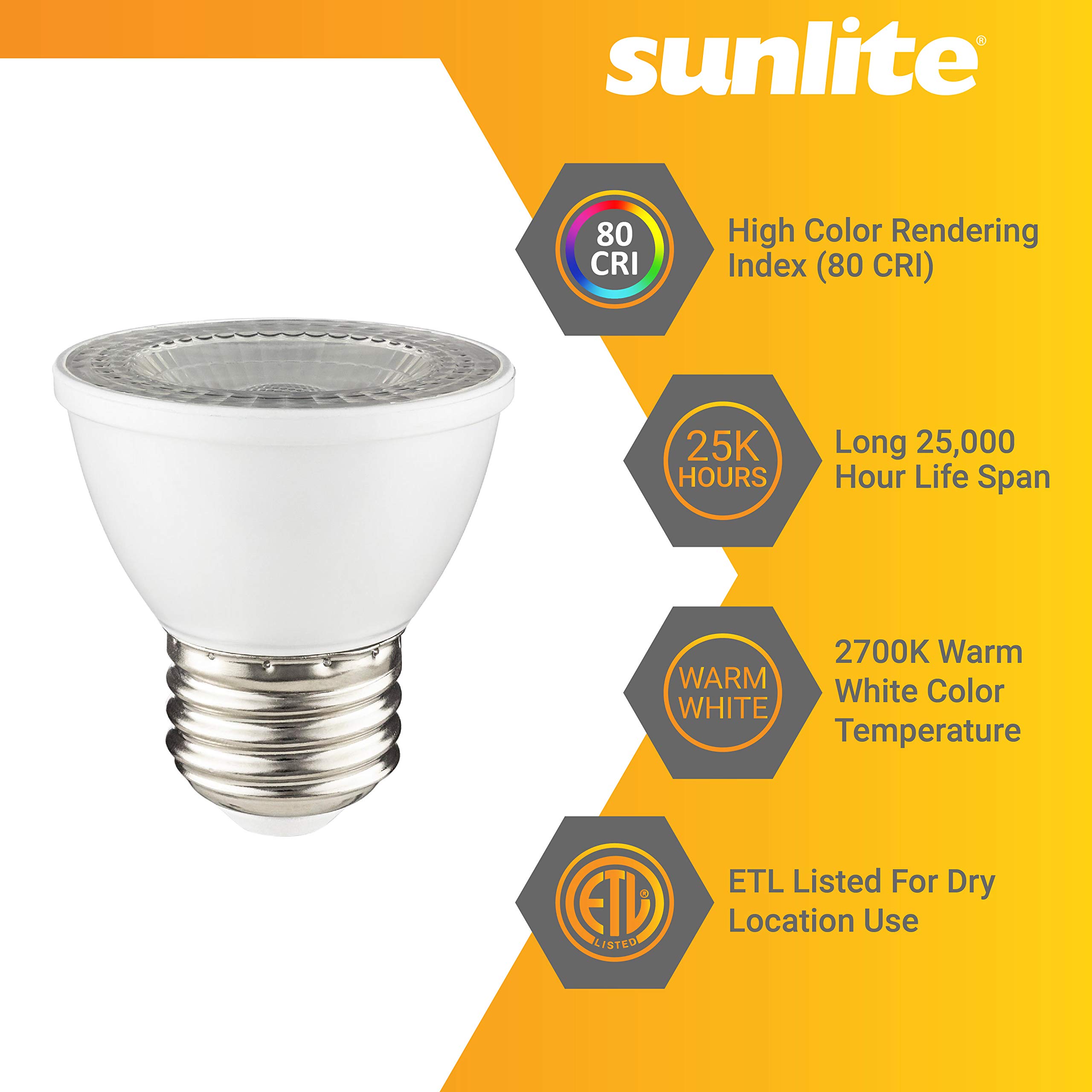 Sunlite LED PAR16 Short Neck Recessed Spotlight Bulb, 7 Watt, (60W Halogen Replacement), 550 Lumens, Medium (E26) Base, Dimmable, ETL Listed, 2700K Soft White, 1 Count