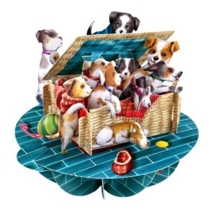 santoro pirouette, 3d pop up greeting card - puppies in a basket - dog and puppy birthday card for her, him, kids, daughter, son