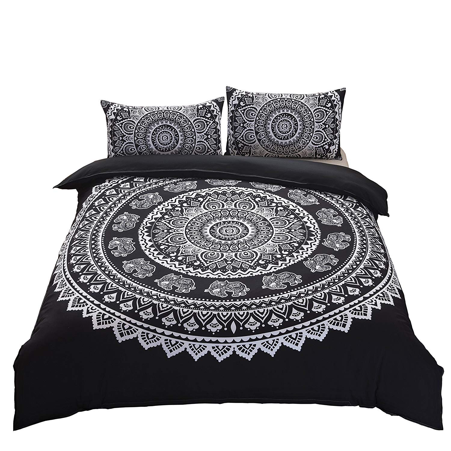 DasyFly 3 Piece Bohemian Duvet Cover Sets Queen Size Mandala Elephant Boho Chic Bedding Duvet Cover Sets for Aducts Boys Girls Black White