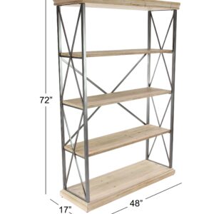 Deco 79 Wood Shelving Unit 5 Shelf with Gray Metal X-Frame, 48" x 17" x 72", Brown