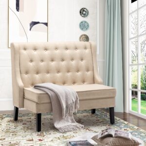 46" small modern loveseat settee sofa linen fabric 2-seat sofa couch tufted love seat dining bench with back upholstered banquette sofas for living room bedroom small space entryway beige