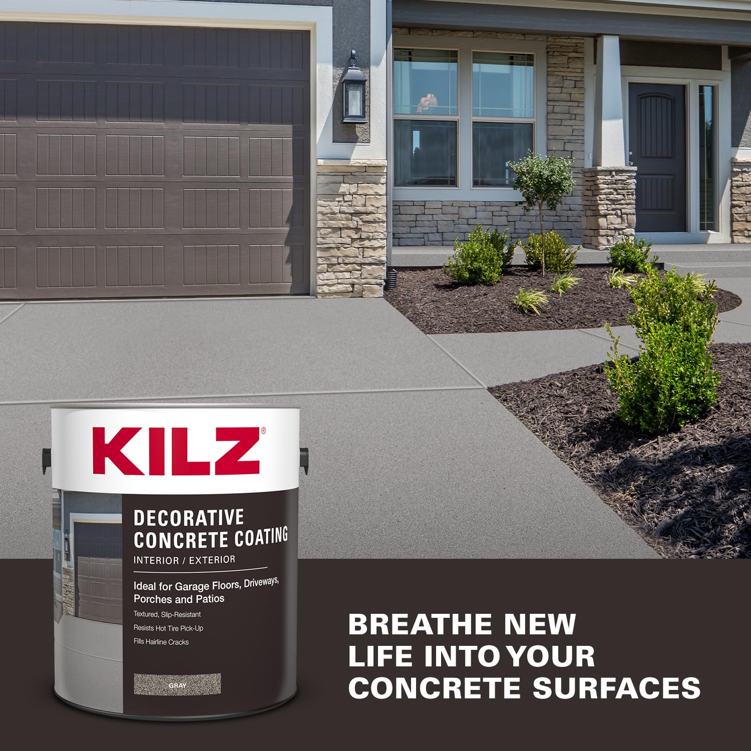 KILZ Decorative Concrete Coating, Interior/Exterior, Slip Resistant, Gray, 1 Gallon