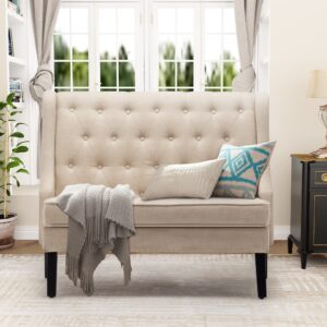 46" Small Modern Loveseat Settee Sofa Linen Fabric 2-Seat Sofa Couch Tufted Love Seat Dining Bench with Back Upholstered Banquette Sofas for Living Room Bedroom Small Space Entryway Beige