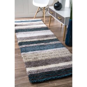 nuloom drey striped shag area rug - 2x6 runner shag rug casual blue multi/brown rugs for living room bedroom dining room nursery entryway hallway