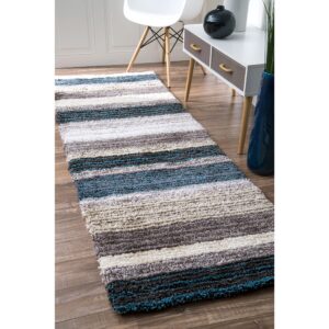 nuLOOM Drey Striped Shag Area Rug - 2x6 Runner Shag Rug Casual Blue Multi/Brown Rugs for Living Room Bedroom Dining Room Nursery Entryway Hallway