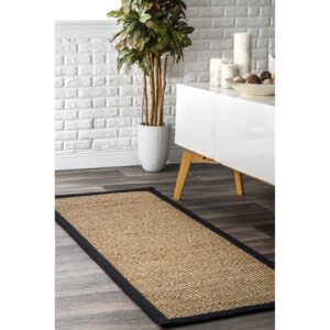 nuloom 2x6 elijah seagrass area rug, black, solid farmhouse style, cotton bordered, basketweave, natural fiber, for bedroom, dining room, living room, hallway, office, kitchen, entryway