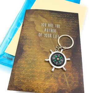 Smiling Wisdom - Old World - You Are The Author of Your Life Greeting Card and Fashion Helm Keychain Gift Set - Graduation Advice for Your Journey in Love, Friendships, and Life - Brown - Helm KC