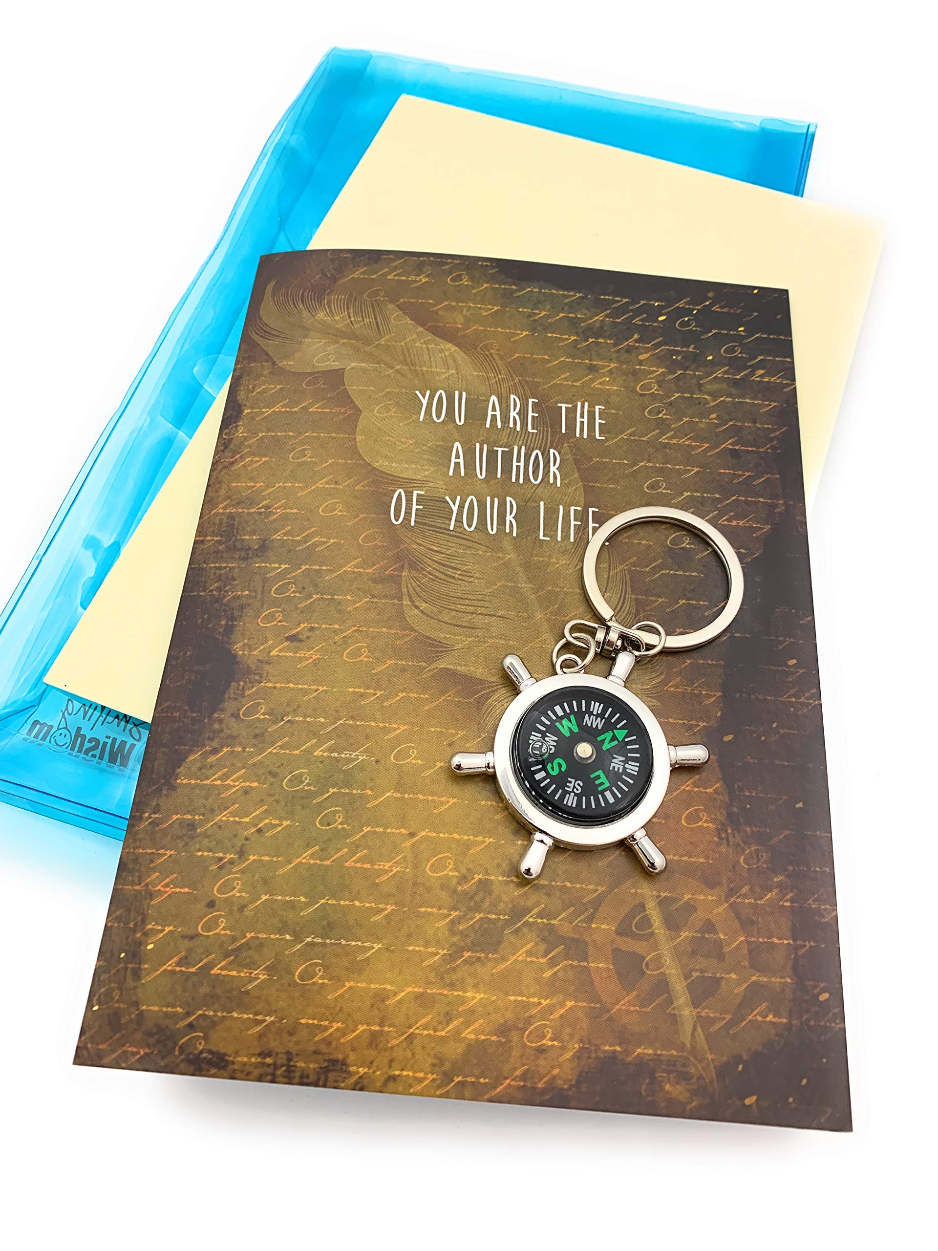 Smiling Wisdom - Old World - You Are The Author of Your Life Greeting Card and Fashion Helm Keychain Gift Set - Graduation Advice for Your Journey in Love, Friendships, and Life - Brown - Helm KC