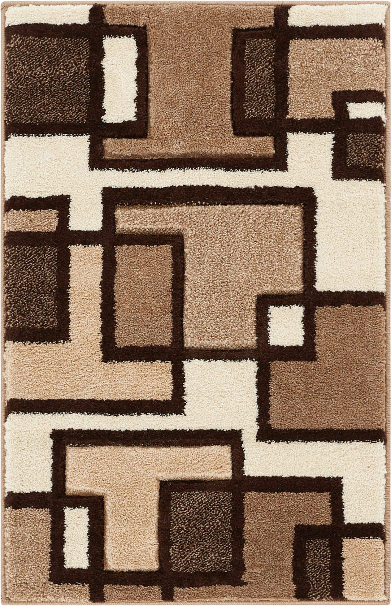 Well Woven Ruby Geometric 2x3 Mat Ivory & Beige Neutral Modern Contemporary Hand Carved Squares Design Perfect for Entryways & Small Spaces Plush Easy-Care Easy-to-Clean