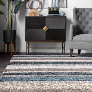 nuLOOM Drey Striped Shag Area Rug - 2x6 Runner Shag Rug Casual Blue Multi/Brown Rugs for Living Room Bedroom Dining Room Nursery Entryway Hallway