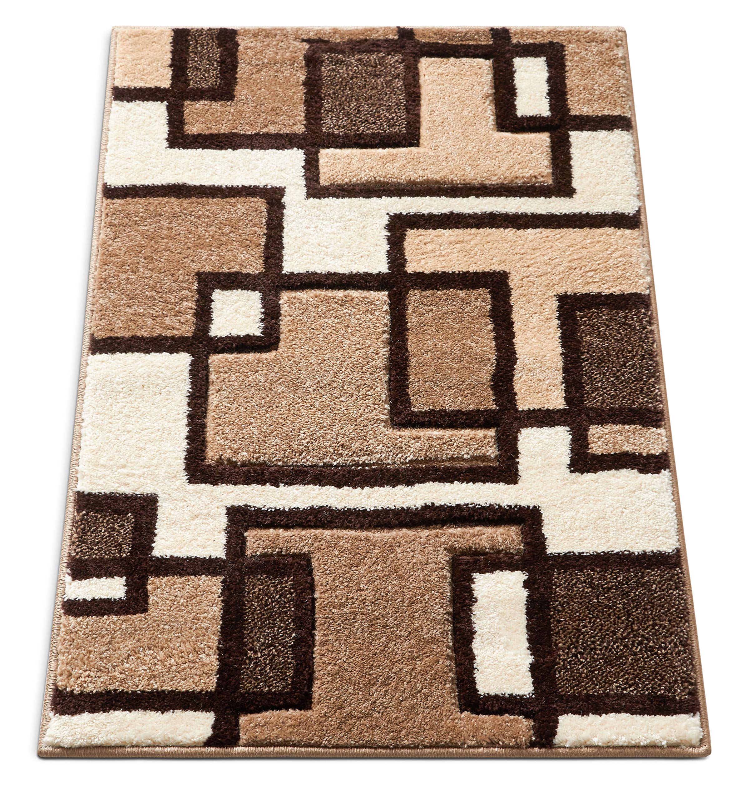 Well Woven Ruby Geometric 2x3 Mat Ivory & Beige Neutral Modern Contemporary Hand Carved Squares Design Perfect for Entryways & Small Spaces Plush Easy-Care Easy-to-Clean