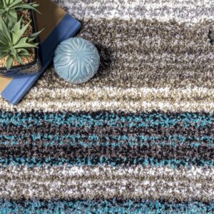 nuLOOM Drey Striped Shag Area Rug - 2x6 Runner Shag Rug Casual Blue Multi/Brown Rugs for Living Room Bedroom Dining Room Nursery Entryway Hallway