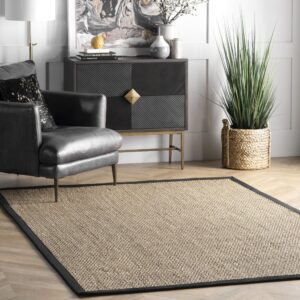 nuloom 2x3 elijah seagrass area rug, black, solid farmhouse style, cotton bordered, basketweave, natural fiber, for bedroom, dining room, living room, hallway, office, kitchen, entryway