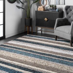 nuLOOM Drey Striped Shag Area Rug - 2x6 Runner Shag Rug Casual Blue Multi/Brown Rugs for Living Room Bedroom Dining Room Nursery Entryway Hallway