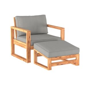 walker edison sorrento modern acacia wood outdoor side chair and ottoman set with cushions, 32 inch, brown