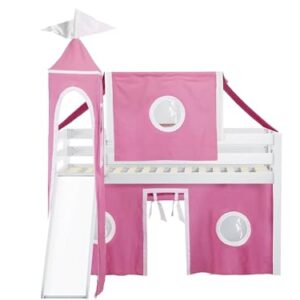 JACKPOT! Princess Low Loft Bed with Slide, Pink and White Tent and Tower, Twin, White